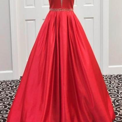 Red V-neck A-line Long Prom Dress,sleeveless Beaded Waist Evening Dress ...