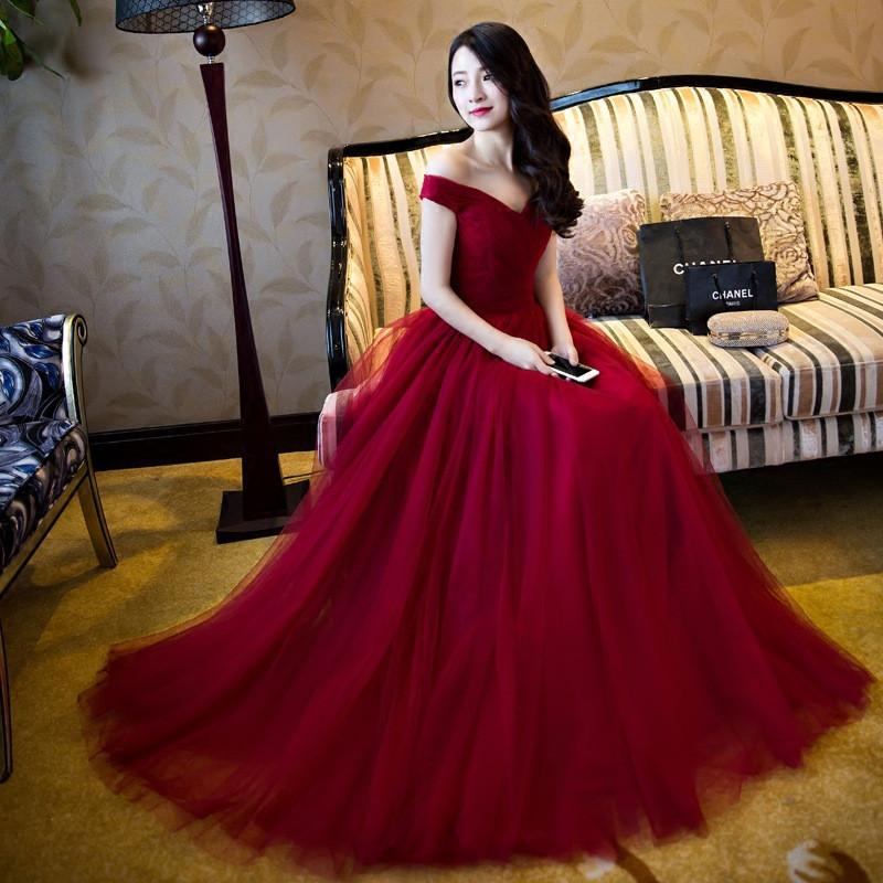 Charming A-line Off-the-shoulder Burgundy Tulle Long Prom/evening Dress ...