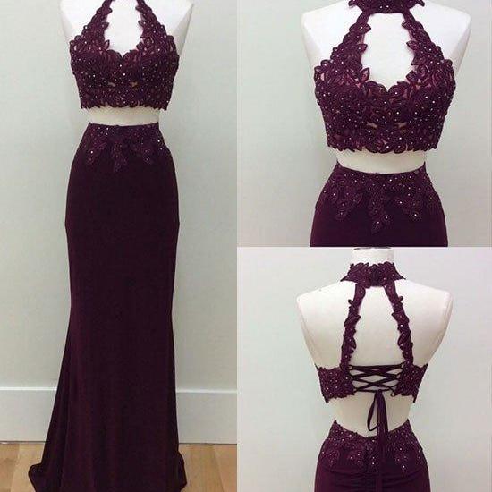 Keyhole High Neck Formal Dress Lace-up Sheath Lace Beading Two Piece ...