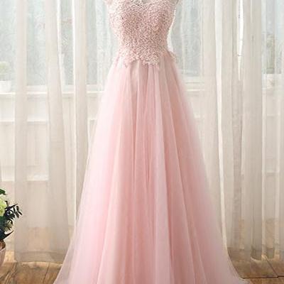 Pink Tulle Long Lace Prom Dress, See Through Back Long Evening Dress ...