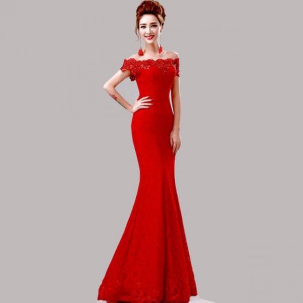 Elegant Crystal Beaded Red Royal Blue Lace Mermaid Long Evening Dresses ...
