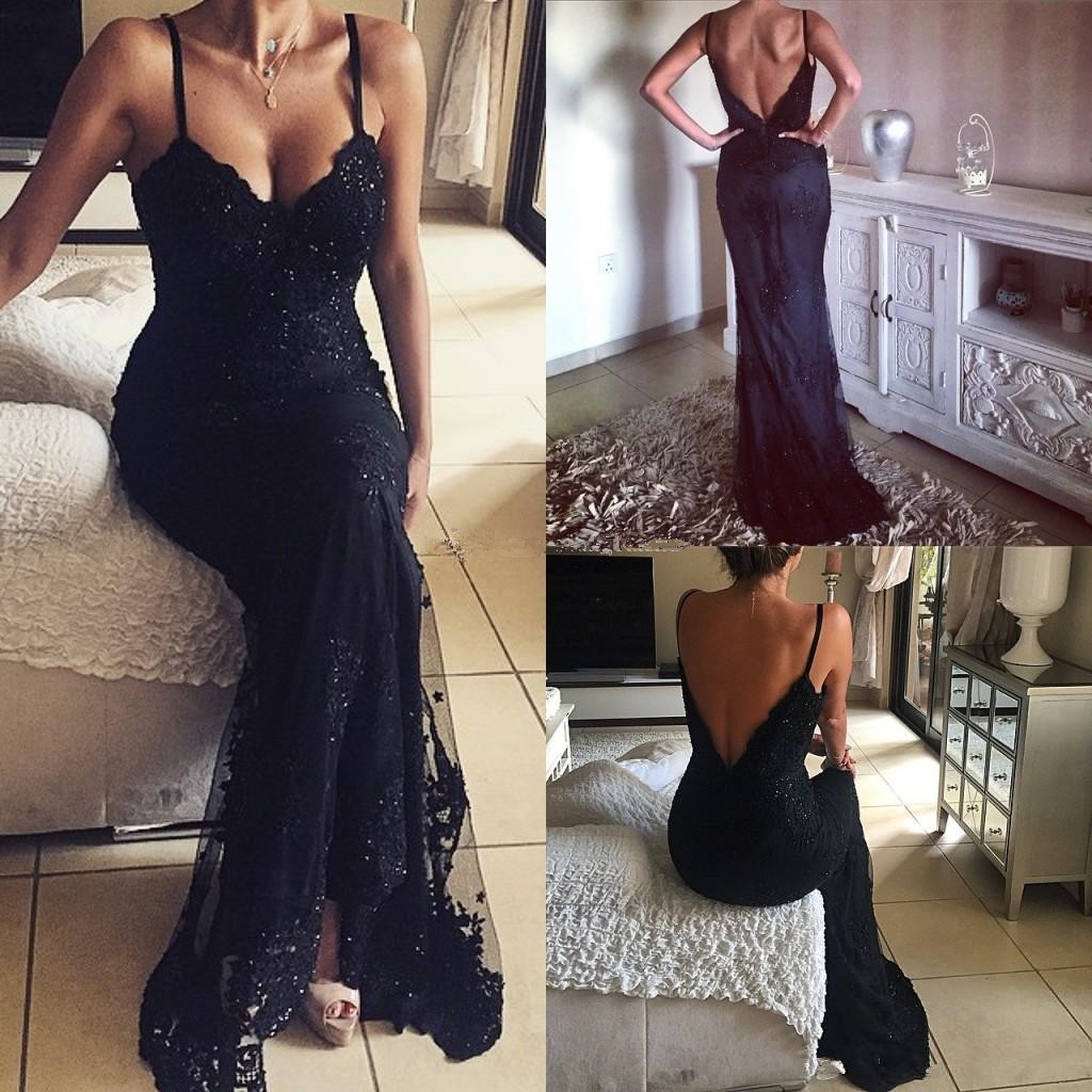 Spaghetti Straps Lace Black Mermaid Charming Prom Dress 2017 Long ...