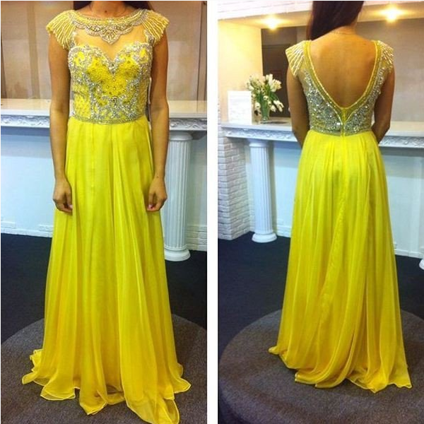 Charming Yellow Beaded Cap Sleeves Chiffon Formal Long Evening Prom ...