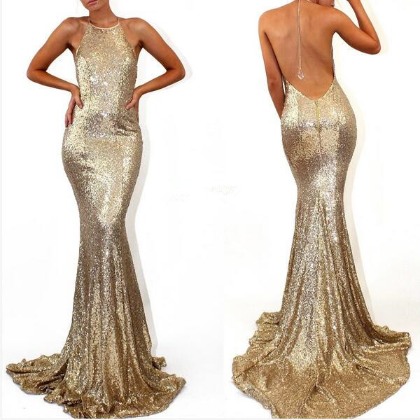 Sleeveless Halter Formal Dress Mermaid Sweep-train Stunning Sequined ...