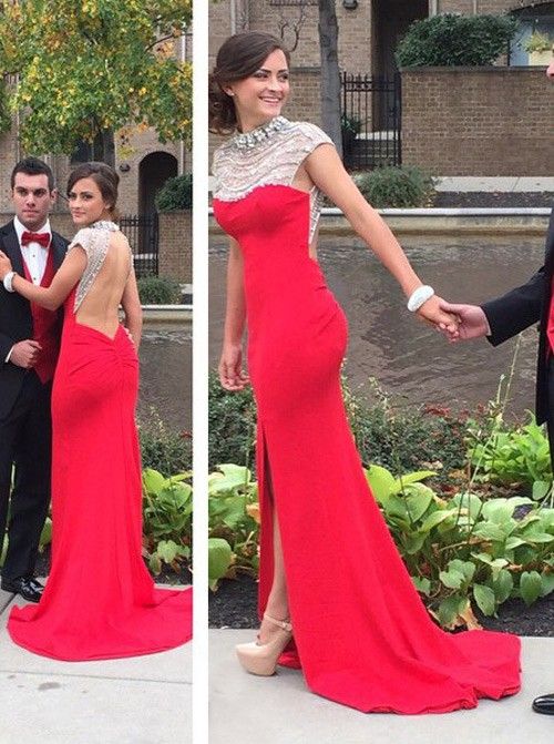 Red Prom Dress, Long Prom Dress, Side Slit Prom Dress, Backless Prom ...